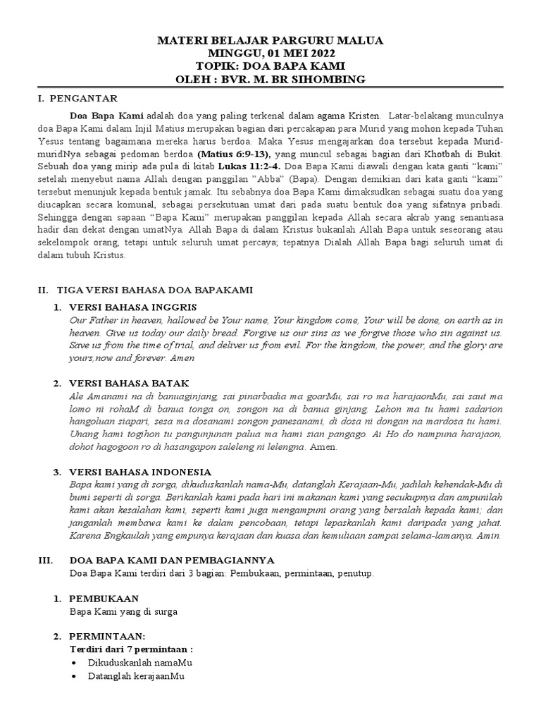Materi Belajar Parguru Malua - Doa Bapakami-Bvr | PDF
