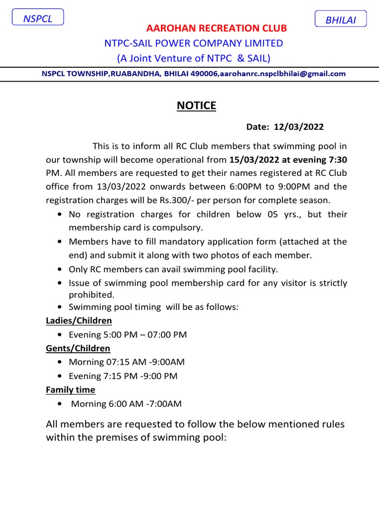 Swimming Pool 2022 Notice | PDF | Swimming Pool