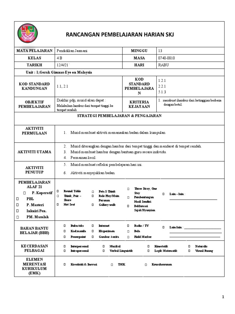 RPH PJ Tahun 4 Unit 1 Gerak Gimnas Tajuk 5 Eye On Malaysia | PDF