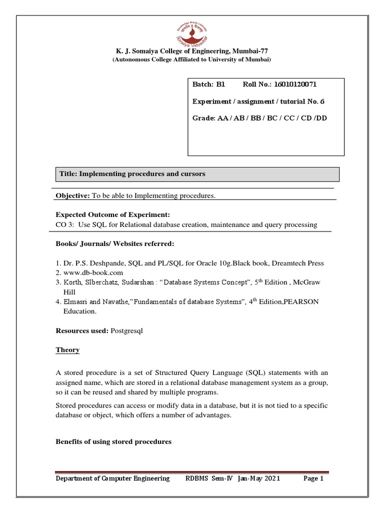 B1 071 Exp6 Rdbms | PDF | Parameter (Computer Programming) | Subroutine