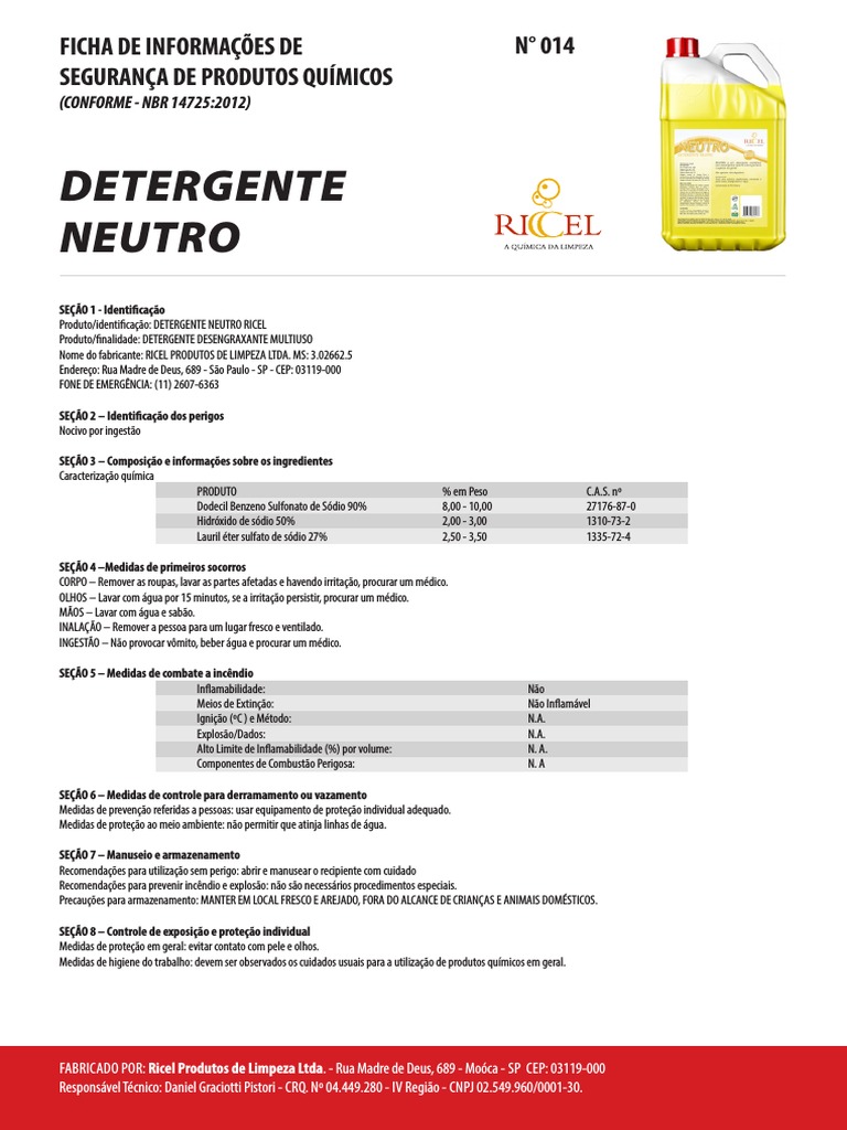 FISPQ Detergente Neutro | PDF | Química | Ciências Físicas