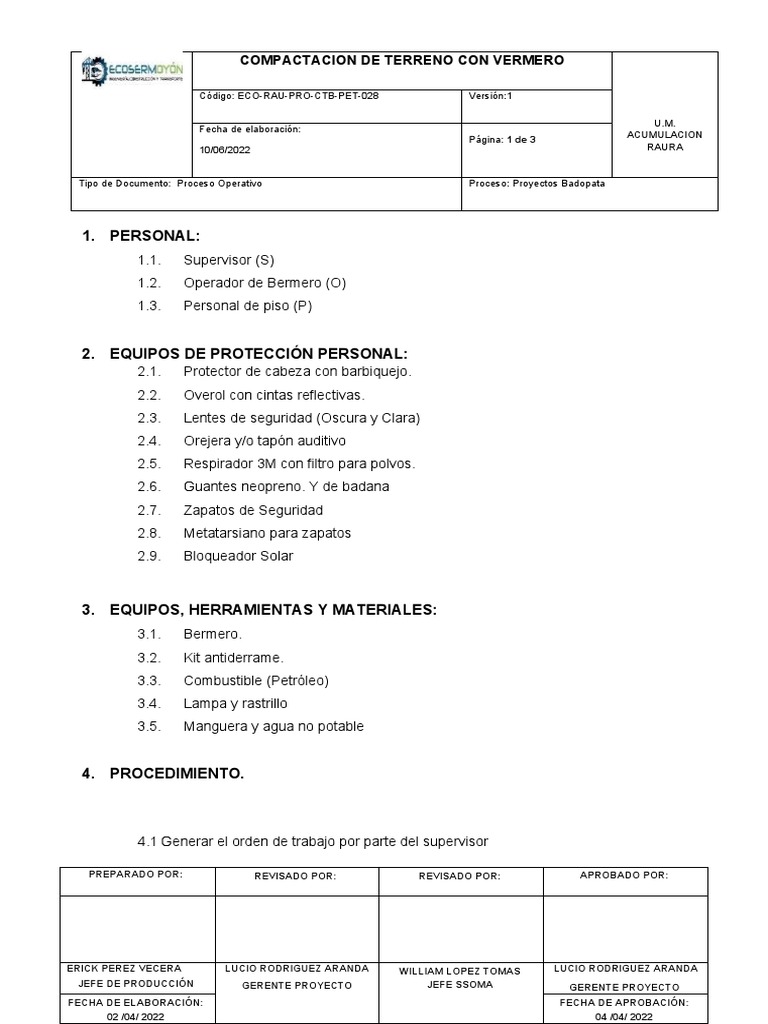 ECO-RAU-PRO-CTB-PET-28 Compactacion de Terreno Con Bermero Rev.00 | PDF