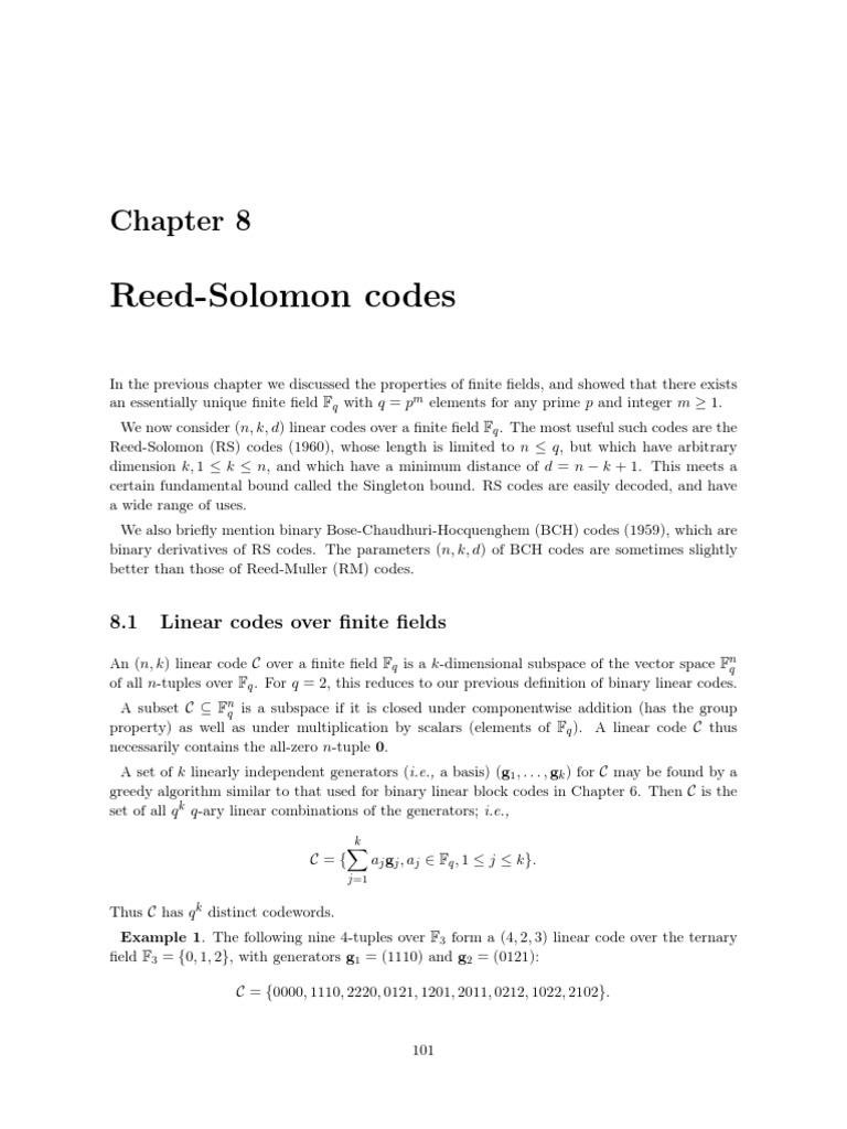 Reed Solomon Codes 8 1 Linear Codes Over Finite Fields Pdf Applied Mathematics Algebra