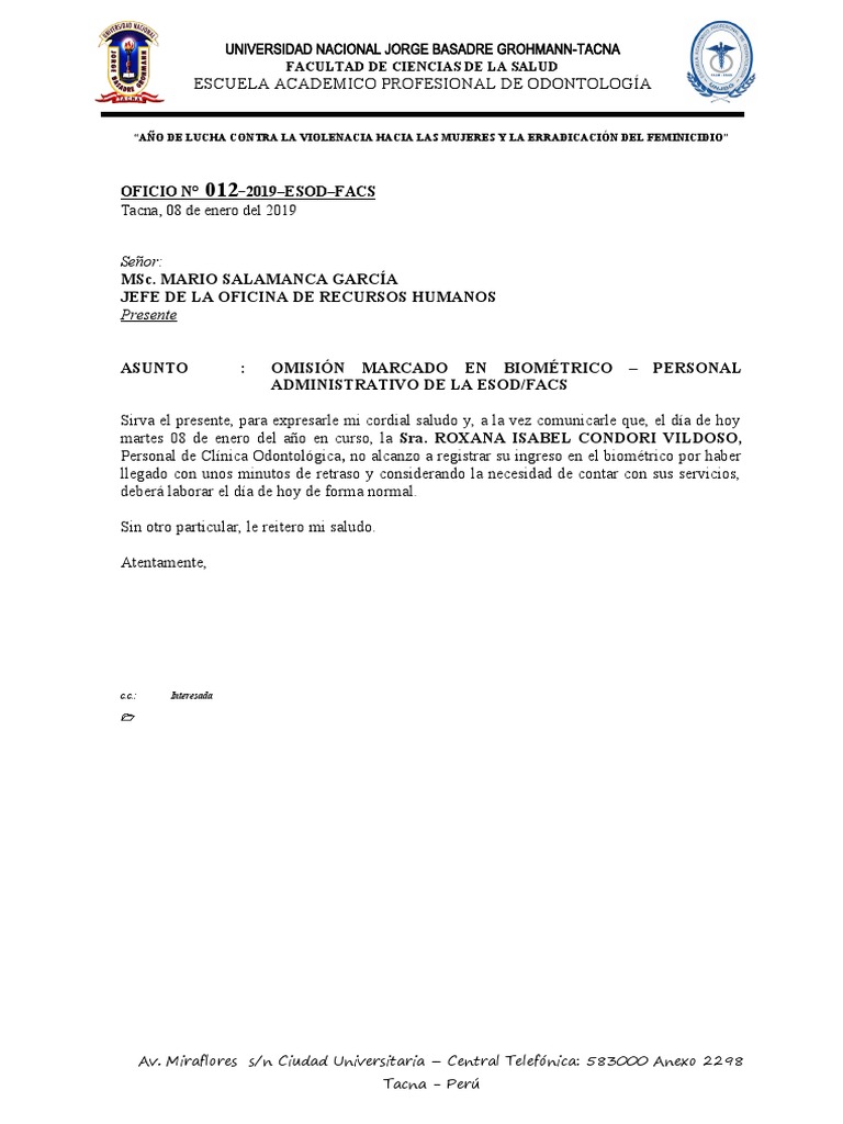 Oficio #012 Orhu Omision de Marcado de Biometrico Roxana | PDF