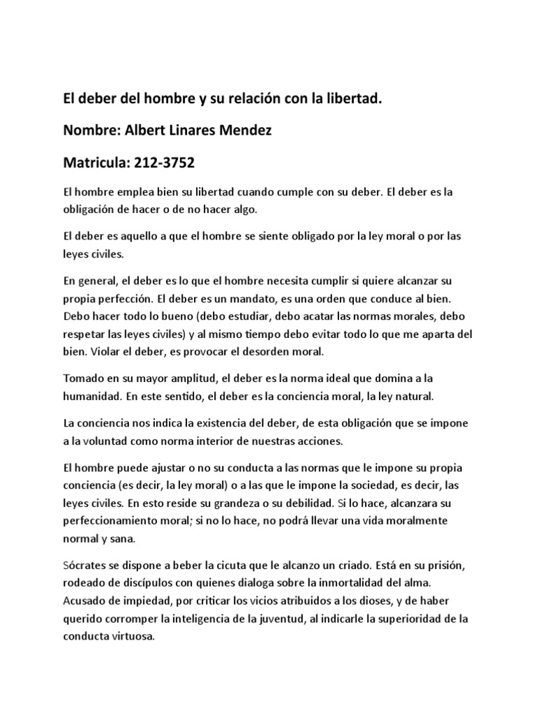 El Deber Del Hombre y Su Relación Con La Libertad | PDF | Libertad | Moralidad
