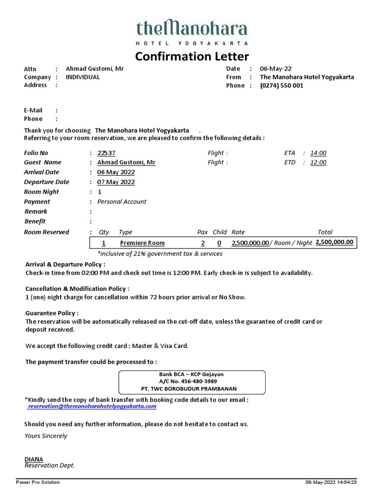 Confirmation Letter - Mr. Ahmad Gustomi (Free Individual Traveller) 6-7 ...