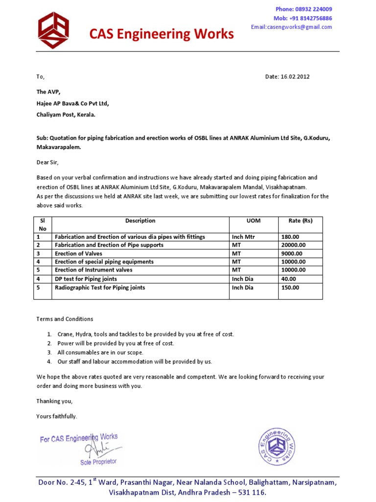Quotation for piping fabrication and erection works at ANRAK Aluminium ...