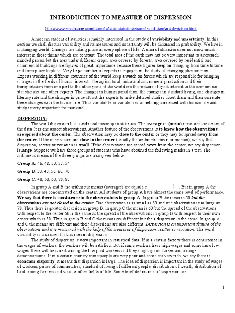 Measure Of Dispersion Statistics Pdf Skewness Mean