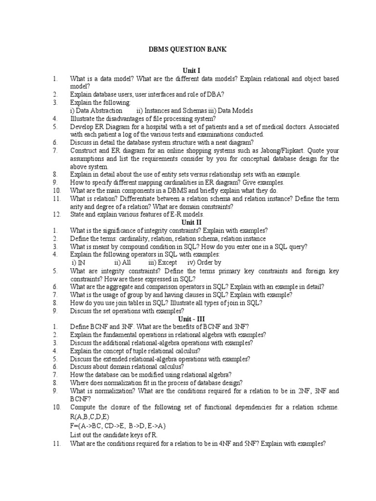 Dbms Question Bank Unit I | PDF | Databases | Data Model