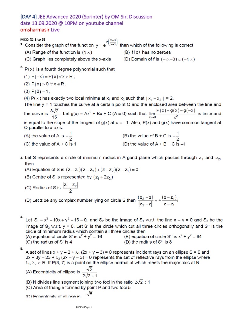 Practice Sheet 4 JEE Advanced 2020 Maths Course by Om Sir | PDF