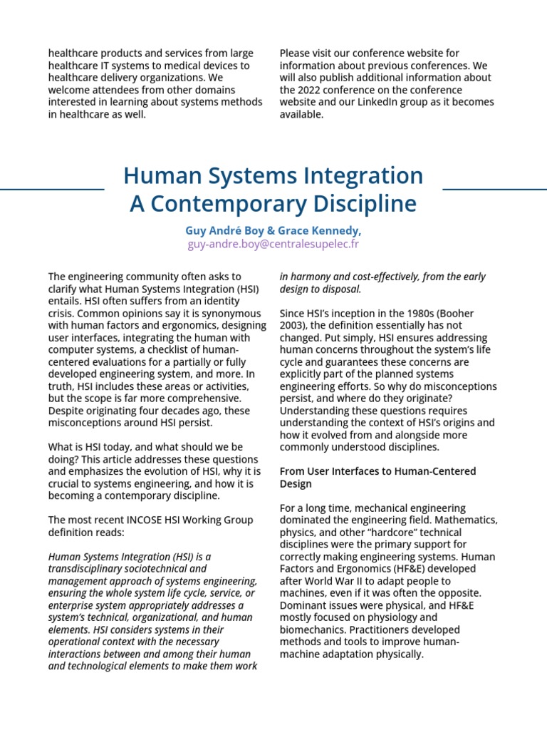 Human Systems Integration A Contemporary Discipline: Guy André Boy ...