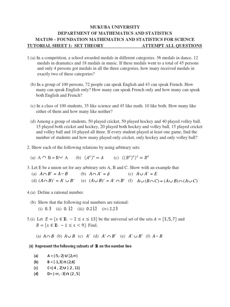 MAT150: Set Theory Tutorial Sheet 1 | PDF | Mathematics | Rational Number