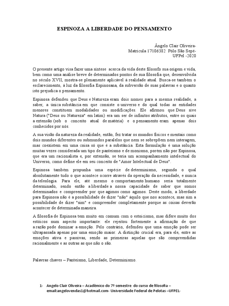 Espinosa Liberdade e Pensamento | PDF | Baruch Spinoza | Metafísica