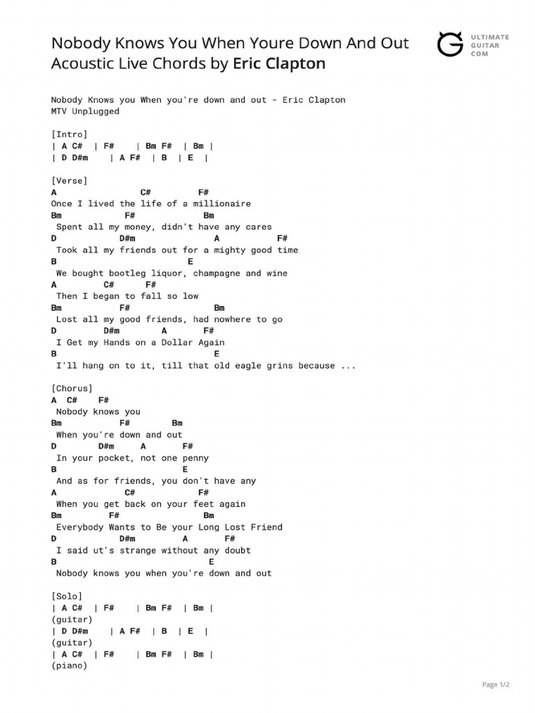 Nobody Knows You When Youre Down and Out Acoustic Live Chords | PDF