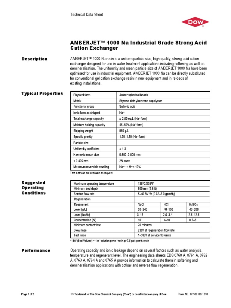 AMBERJET™ 1000 Na Industrial Grade Strong Acid Cation Exchanger | PDF | Dow Chemical Company | Water