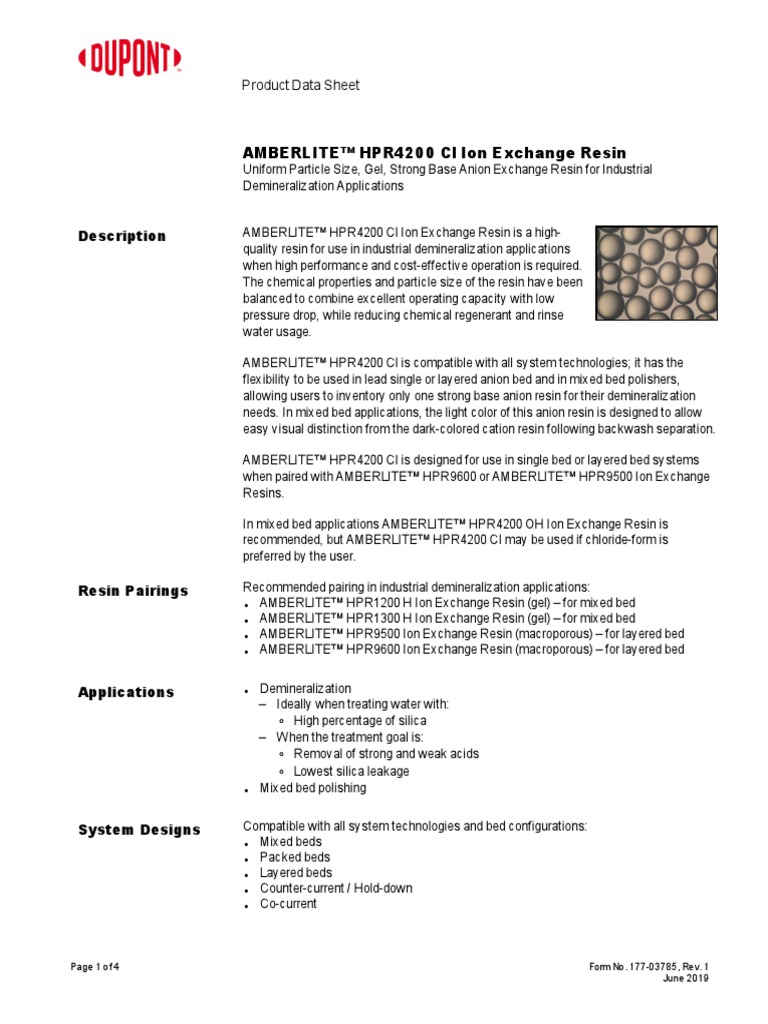 AMBERLITE™ HPR4200 CL Ion Exchange Resin: Product Data Sheet | Download Free PDF | Ion Exchange ...