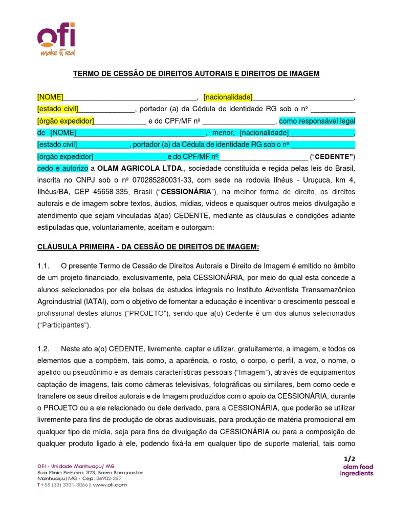 Termo De Cessao De Direitos Autorais E De Imagem E Lgpd Pdf