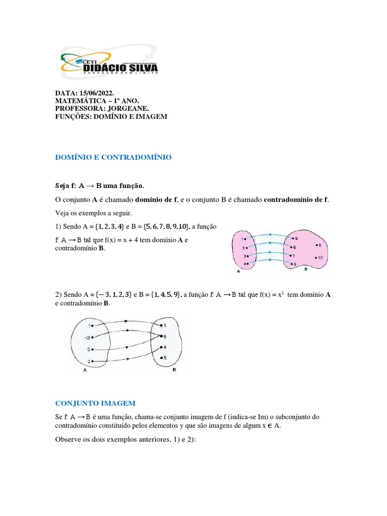 Introdução às noções básicas de domínio, contradomínio e conjunto ...