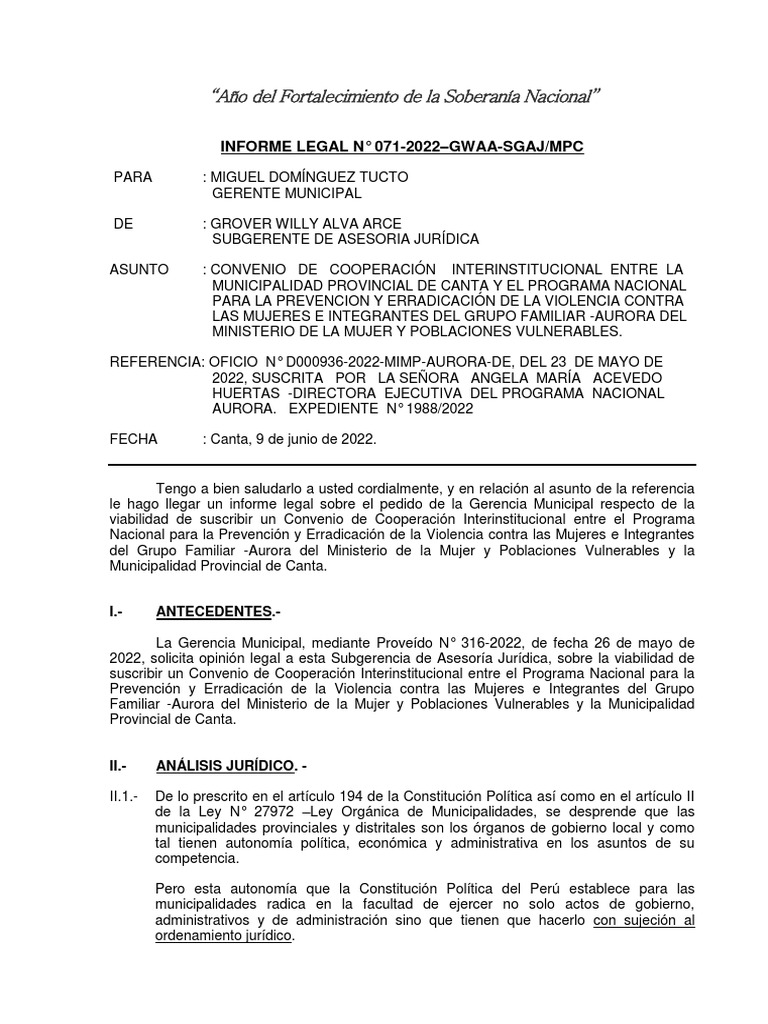 Informe Legal #071-2022... Convenio de Cooperación Con El Ministrio de La Mujer y Poblaciones ...