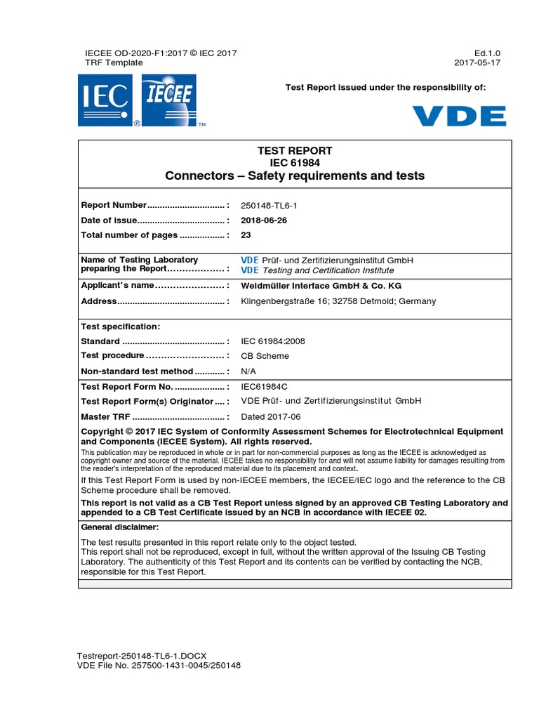 Connectors - Safety Requirements and Tests: Test Report IEC 61984 | PDF ...