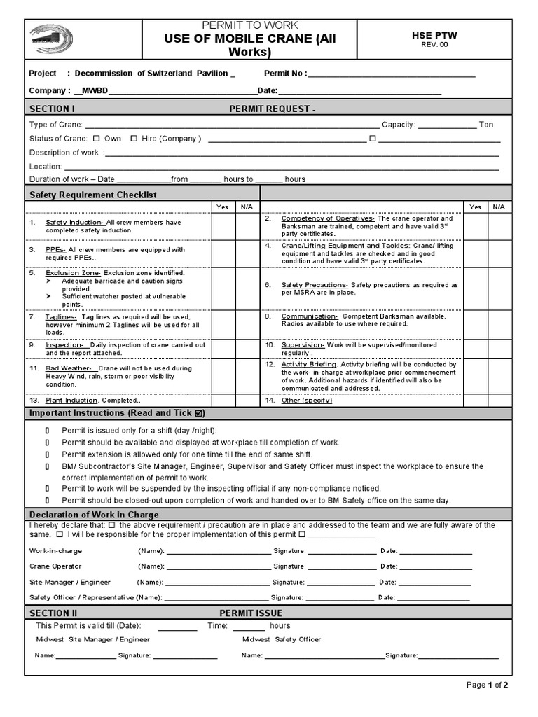 Permit To Work - Mobile Crane | PDF | Crane (Machine)