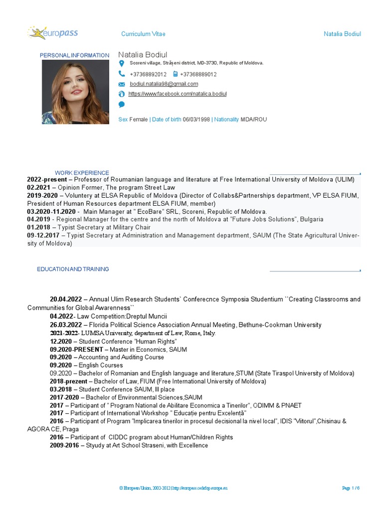 Curriculum Vitae Natalia Bodiul | PDF | Cognition