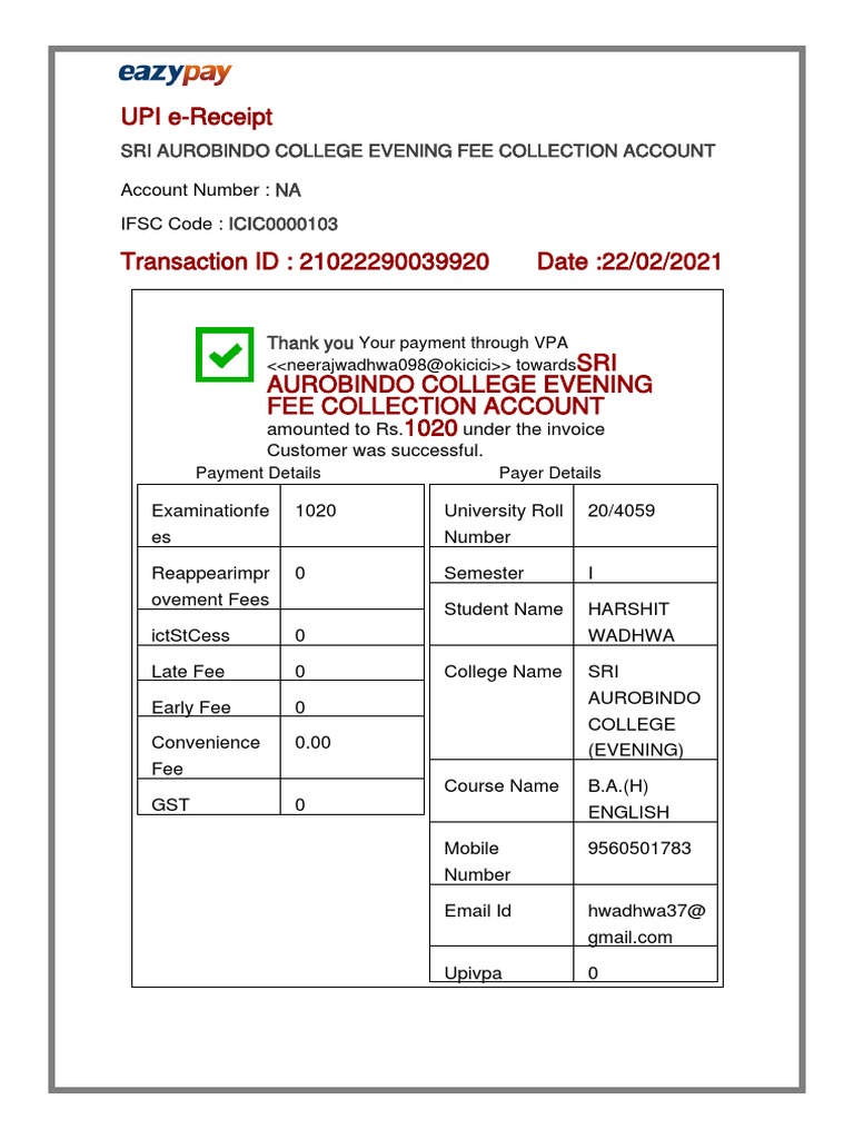 UPI E-Receipt: Sri Aurobindo College Evening Fee Collection Account NA ...