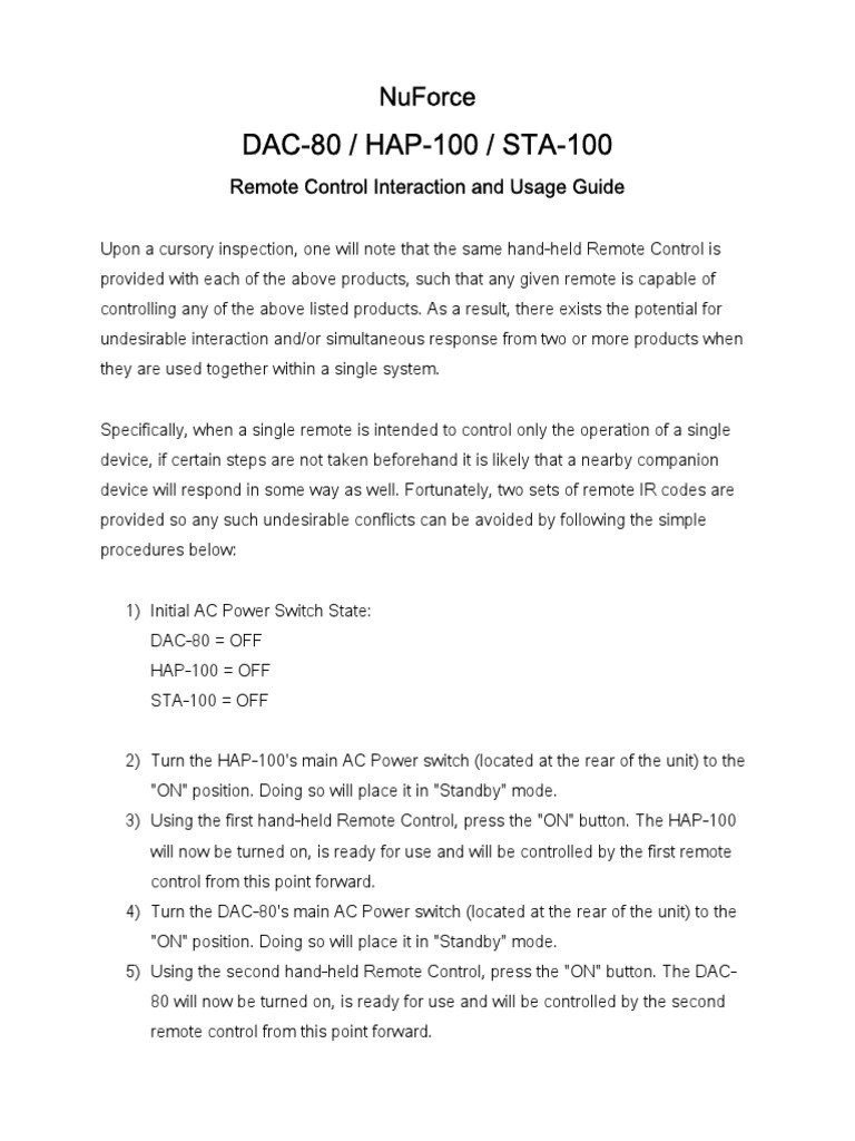 Dac-80 / Hap-100 / Sta-100: Nuforce | PDF | Remote Control | Electrical ...