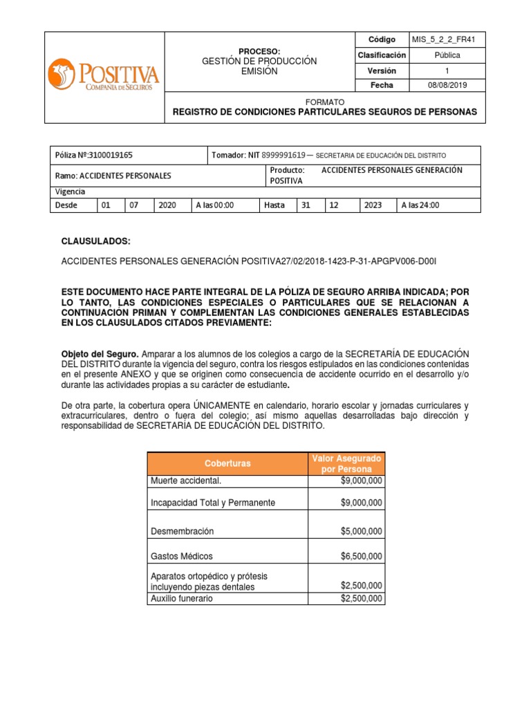 3 PO - LIZA AP No. 3100019165 CONDICIONES PARTICULARES | PDF | Póliza de seguros | Seguro