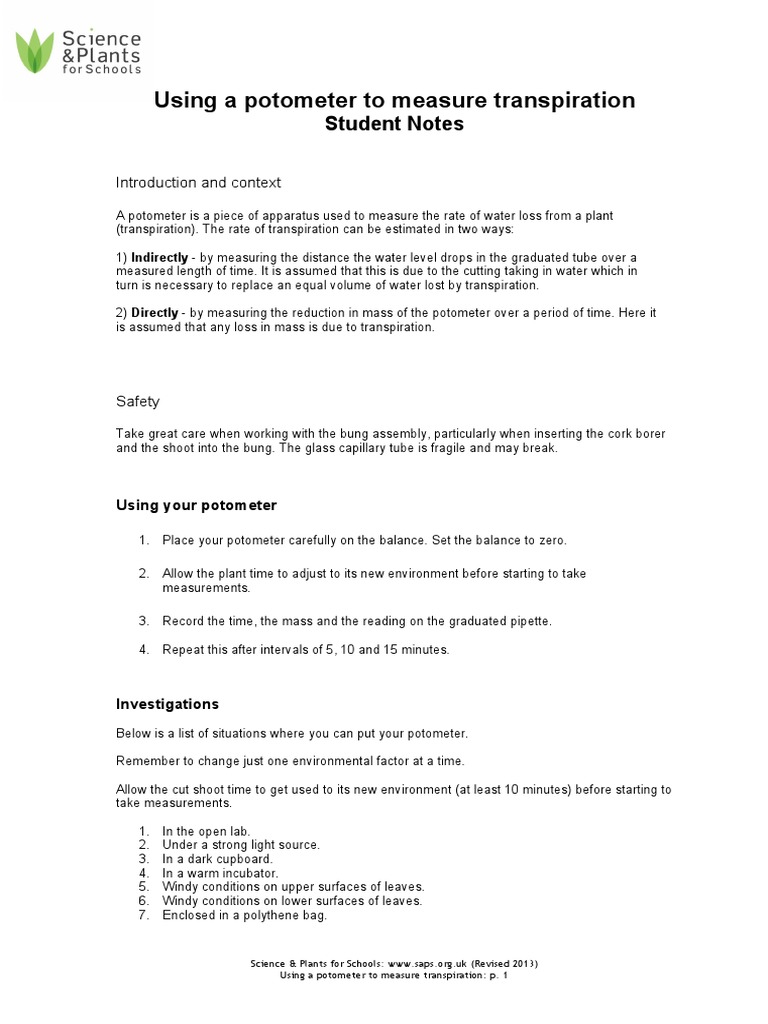 SAPS - Using A Potometer To Measure Transpiration - Student Notes | PDF