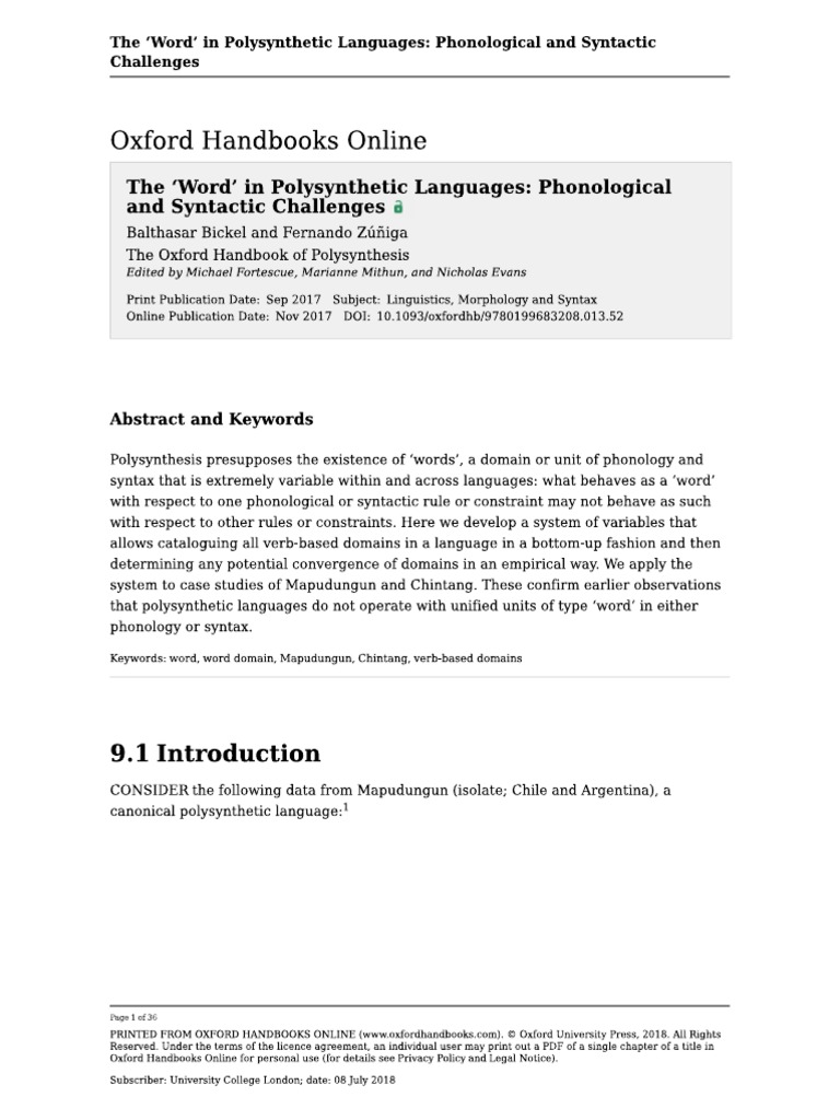 Bickel & Zuñiga 2017. The Word in Polysynthetic Languages. Phonological ...