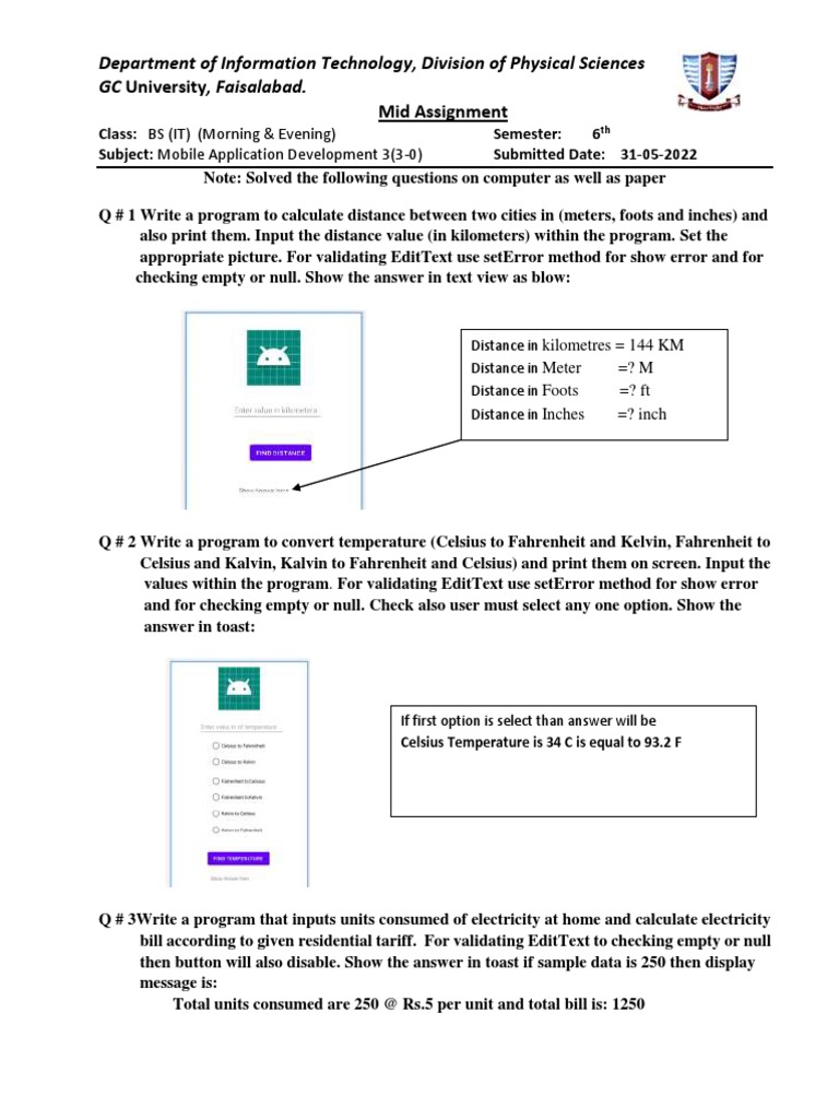 Mobile Application Development Mid-Semester Assignment: A Collection of Programs to Practice ...