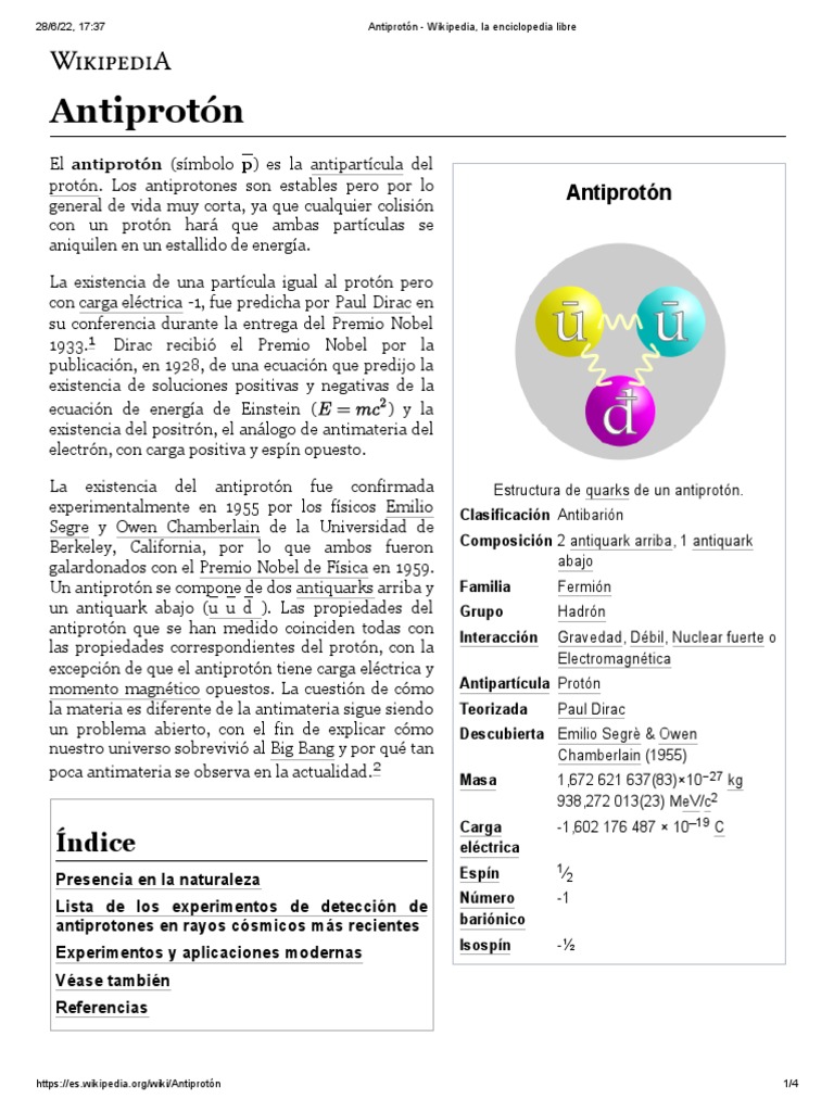 Antiprotón - Wikipedia, La Enciclopedia Libre | PDF | Física ...