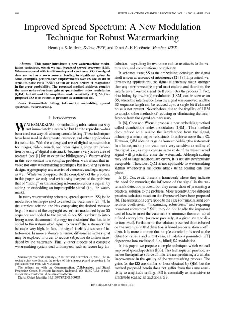 Improved Spread Spectrum: A New Modulation Technique For Robust Watermarking | Download Free PDF ...