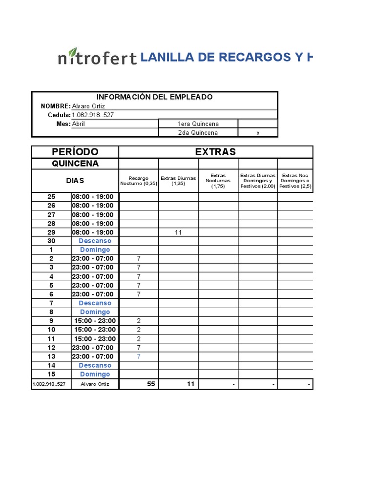 Planilla de Recargos 2da Abril 1ra de Mayo Alvaro | PDF