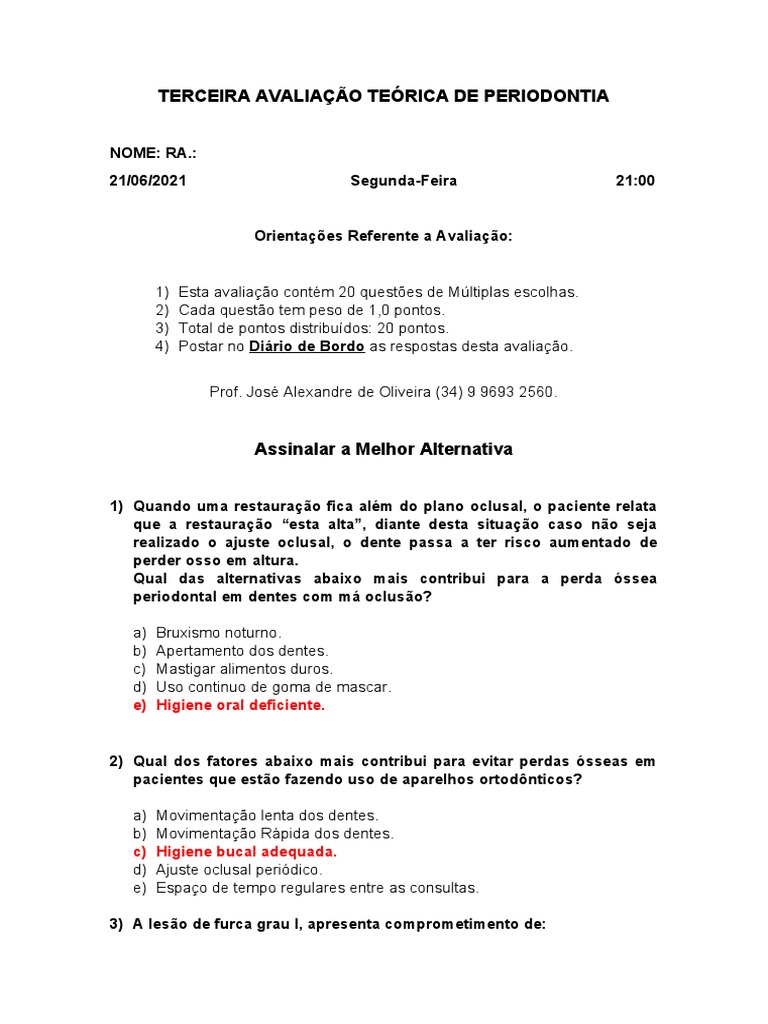 RESPOSTA Prova de Perio n3-1 | PDF | Dente | Ciências da Saúde
