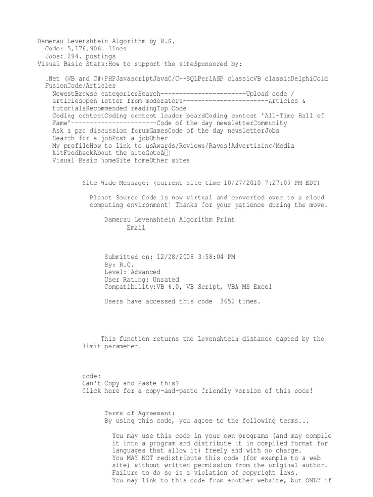 Damerau Levenshtein Algorithm By R G Pdf Source Code Visual
