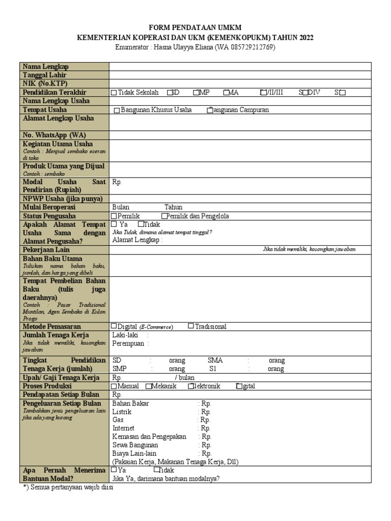 Form Pendataan Umkm | PDF