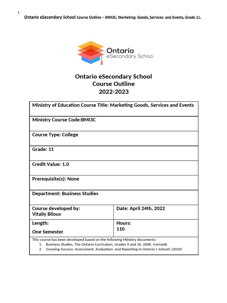 BMI3C Marketing Course Outline | PDF | Educational Assessment | Marketing