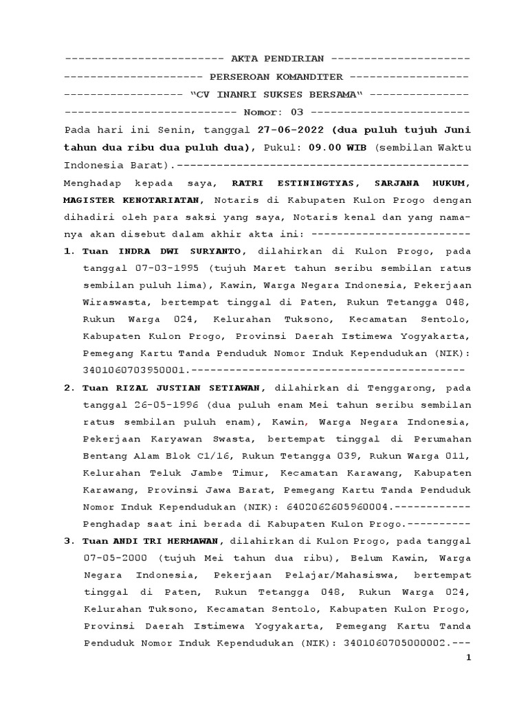 Akta Pendirian CV Inanri Sukses Bersama Salinan | PDF