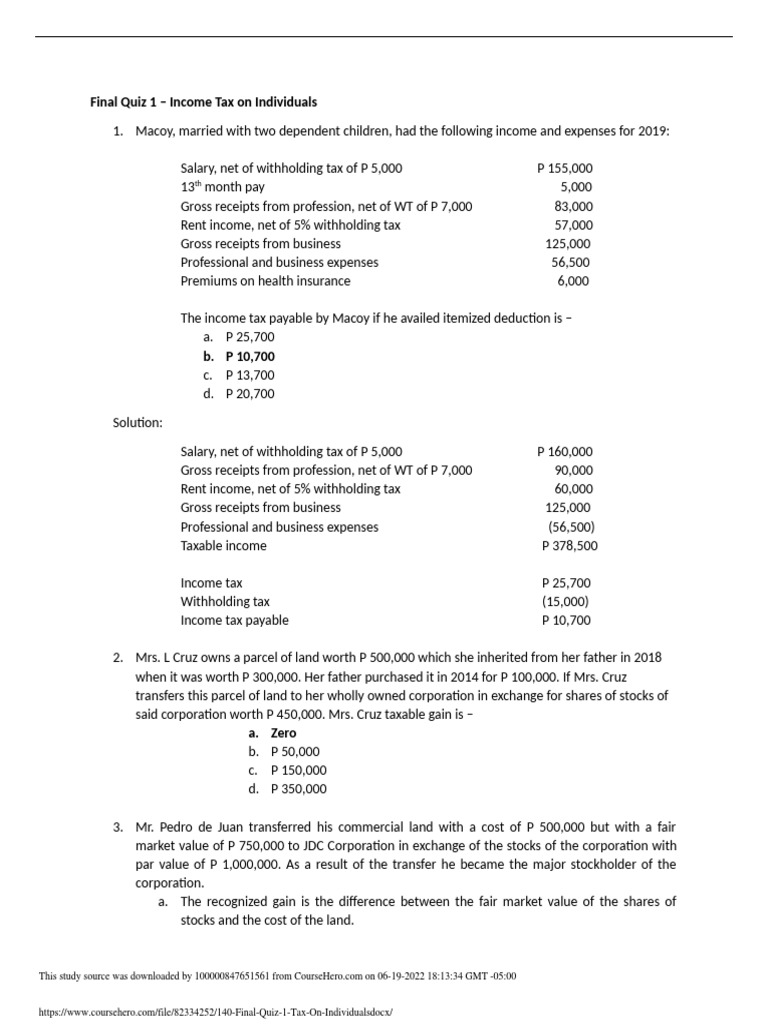 Income Tax Quiz for Individuals | PDF | Taxes | Gross Income