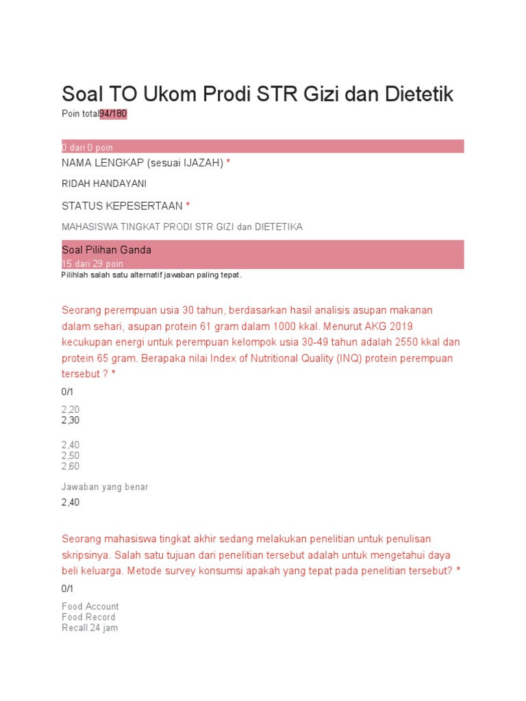 Soal TO Ukom Prodi STR Gizi Dan Dietetik | PDF