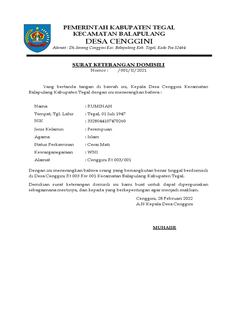Contoh Surat Keterangan Domisili | PDF