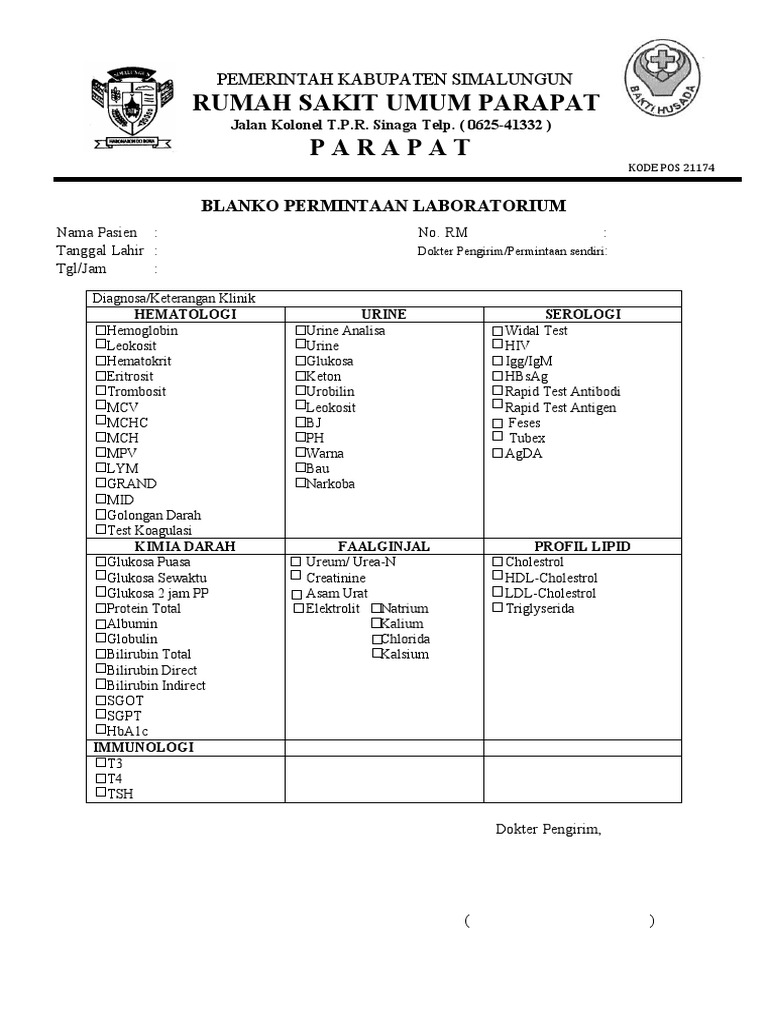 Rumah Sakit Umum Parapat Parapat: Blanko Permintaan Laboratorium | PDF | Medical Specialties ...