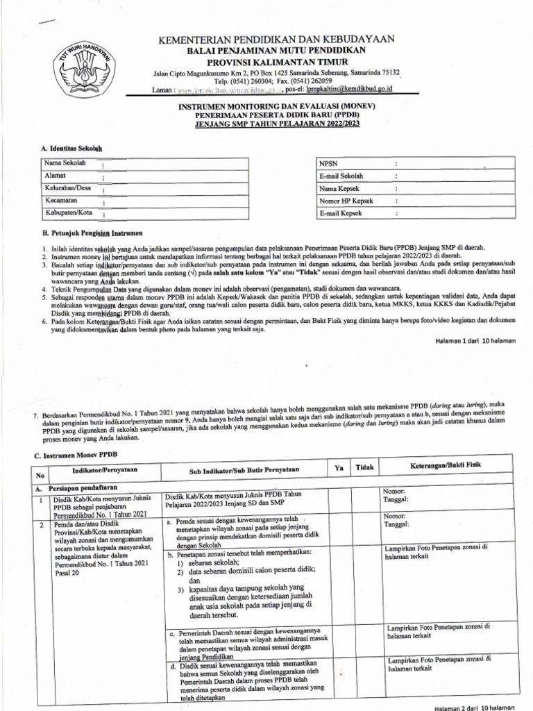 Instrumen Monev PPDB Jenjang SMP 2022-2023 | PDF