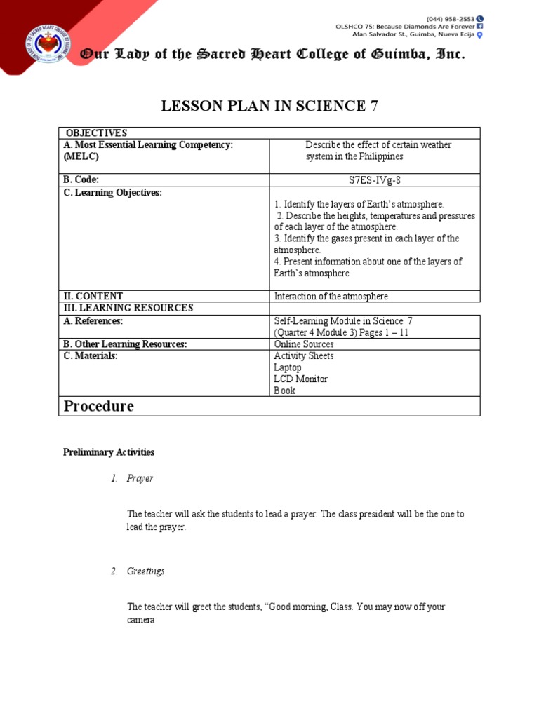 Lesson Plan in Science 7: Objectives A. Most Essential Learning ...