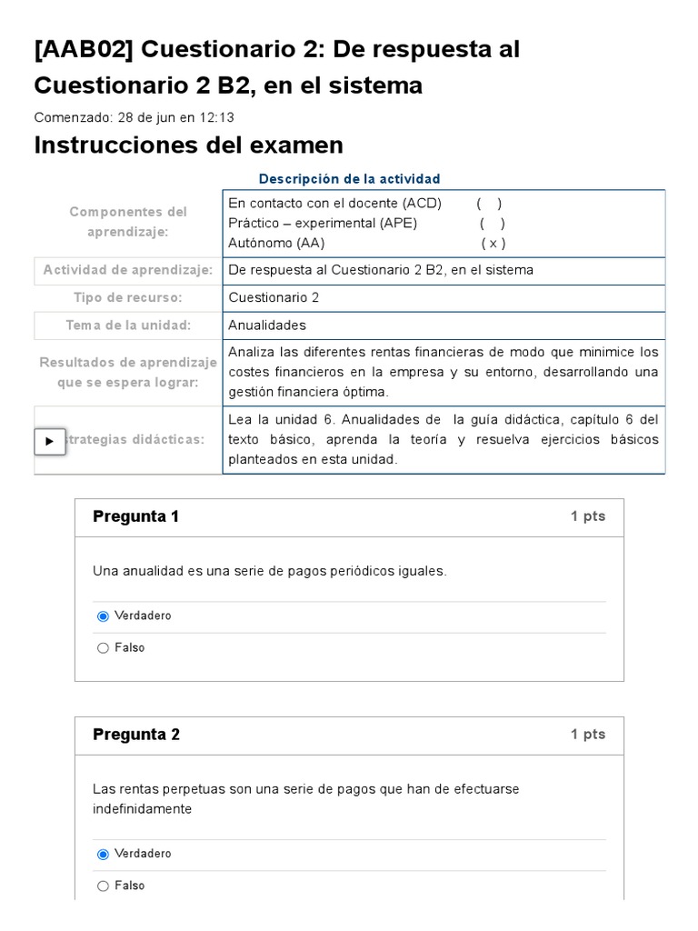 Examen - (AAB02) Cuestionario 2 - de Respuesta Al Cuestionario 2 B2, en El Sistema | PDF ...