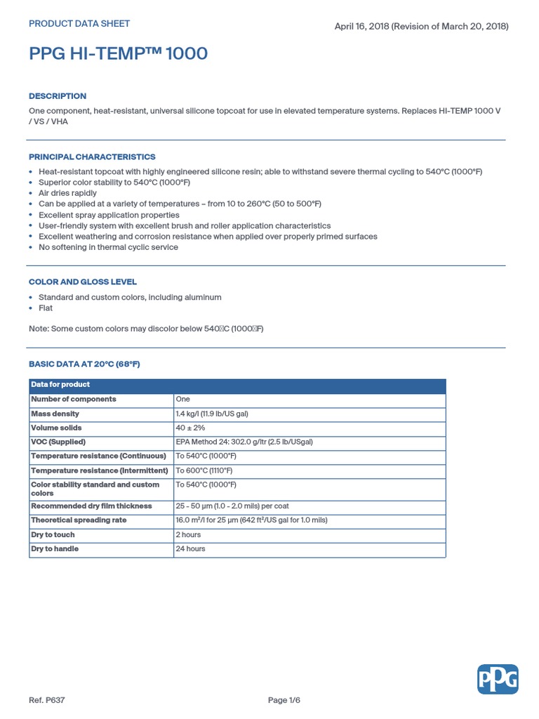 PPG HI-TEMP™ 1000: Product Data Sheet | PDF | Legal Liability | Corrosion