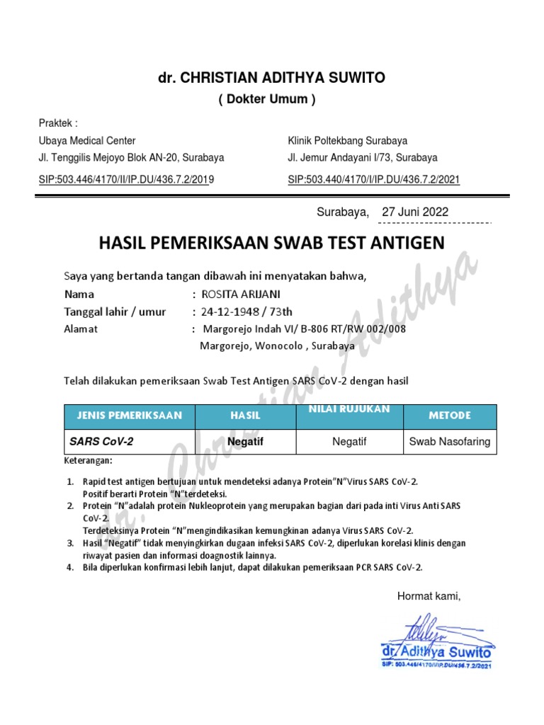 Hasil Swab Antigen - ROSITA ARIJANI | PDF