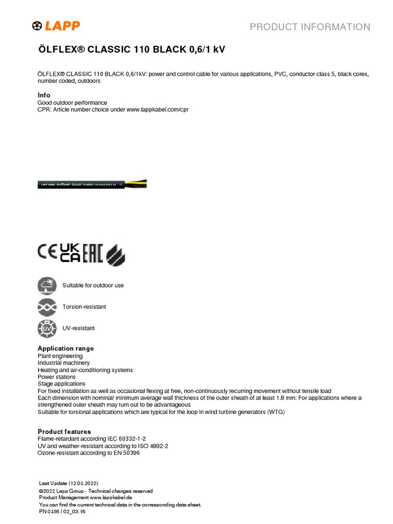 Ölflex® Classic 110 Black 0,6/1 KV: Product Information | PDF ...
